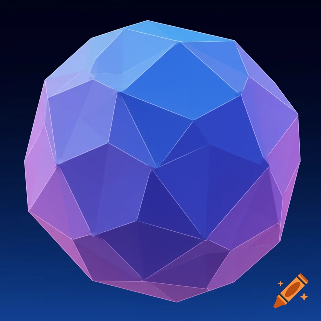 A multifaceted polygonal sphere in shades of blue and purple. on Craiyon