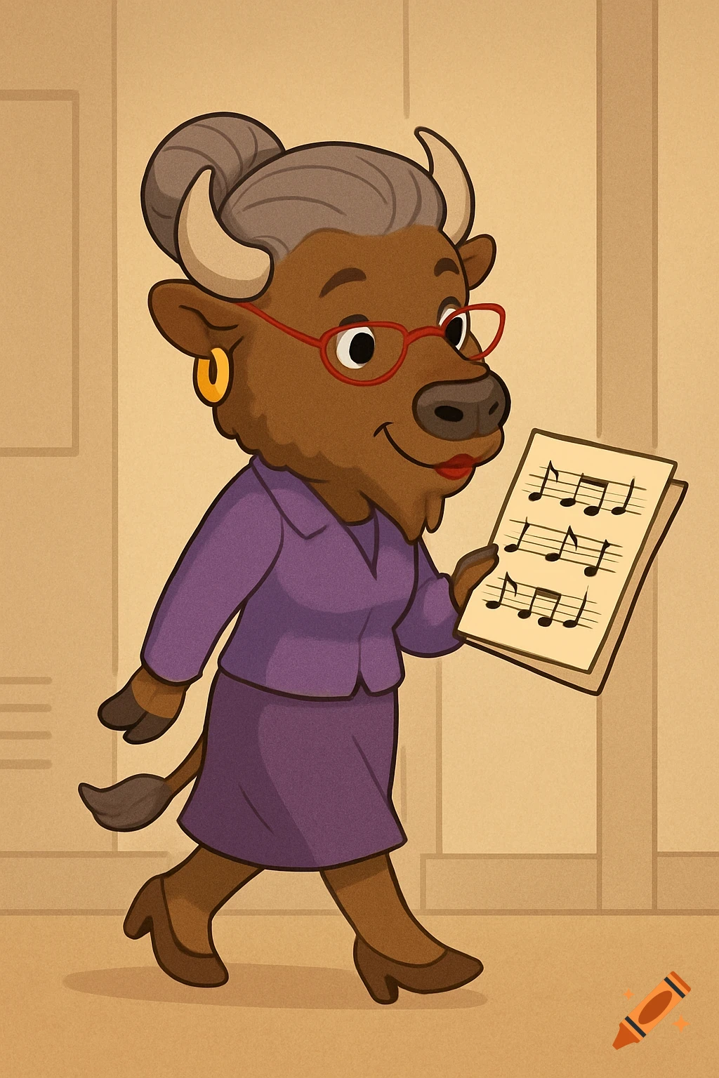 A cartoon bison teacher in a purple suit walks holding sheet music. on ...