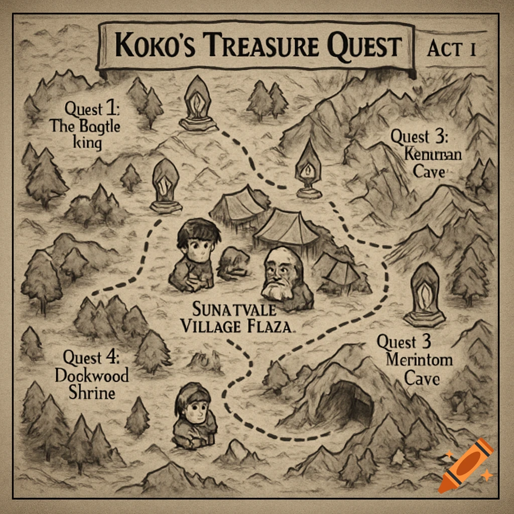 A sketch-style fantasy map showing locations, quests, and characters in Koko's Treasure Quest ...