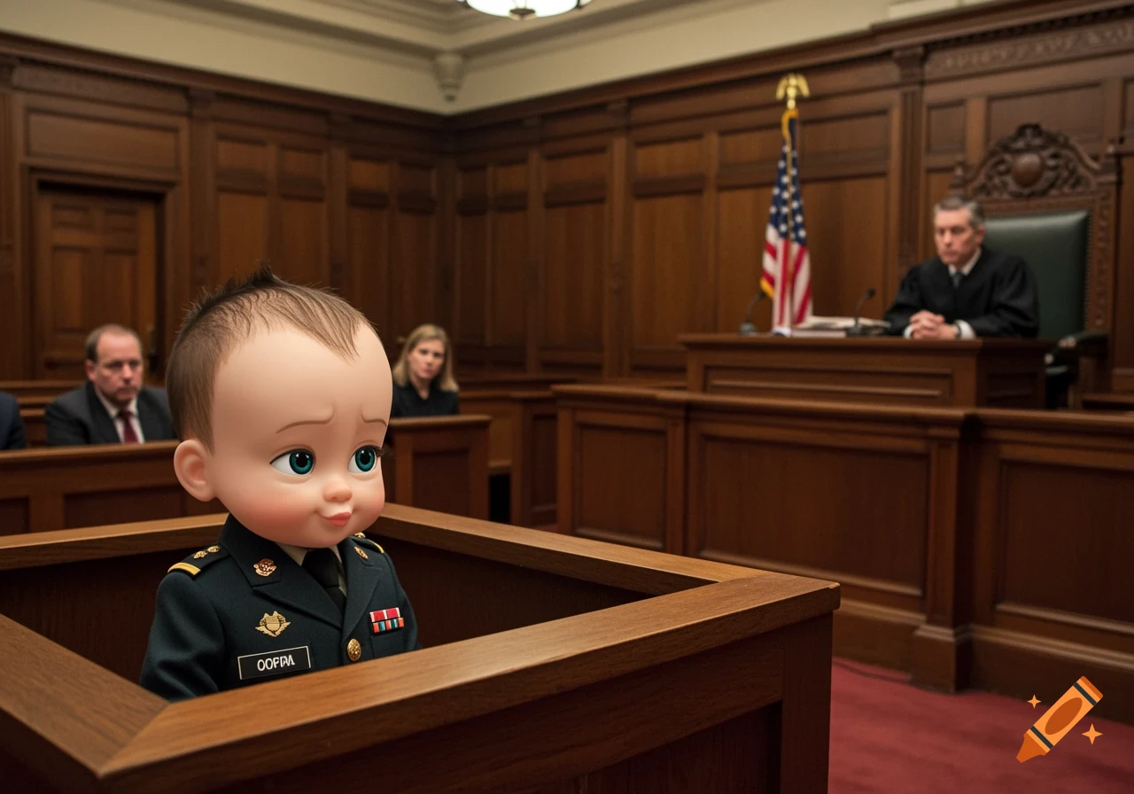 A stylized baby in a military uniform sits in a courtroom witness box ...