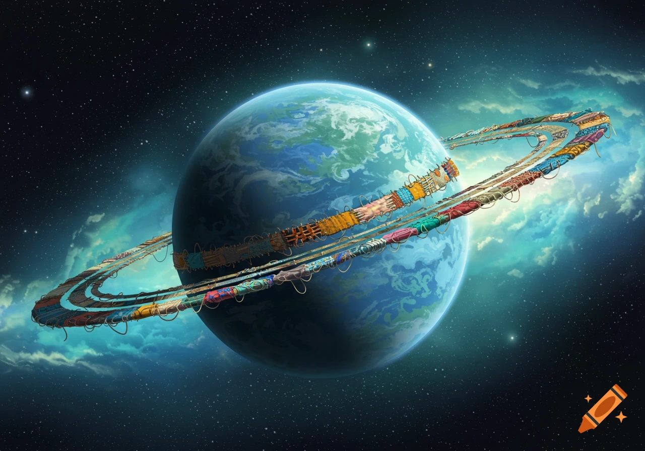 A planet with a colorful handmade ring in space. on Craiyon