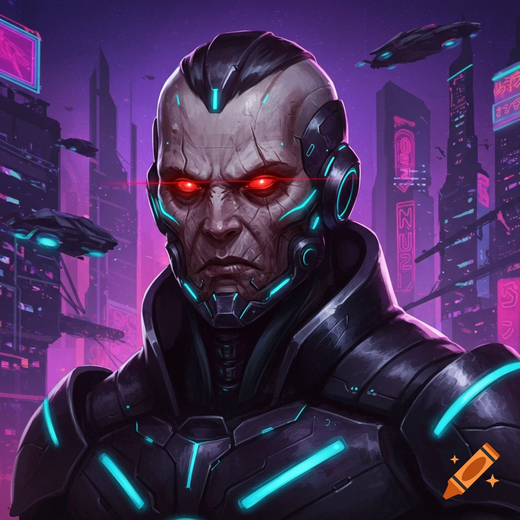 Portrait of a futuristic cyborg villain with red glowing eyes in a ...