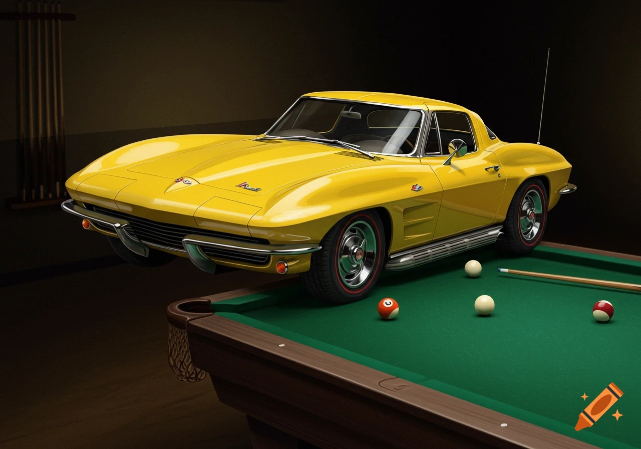 A yellow classic Corvette coupe is parked on a green felt billiards ...