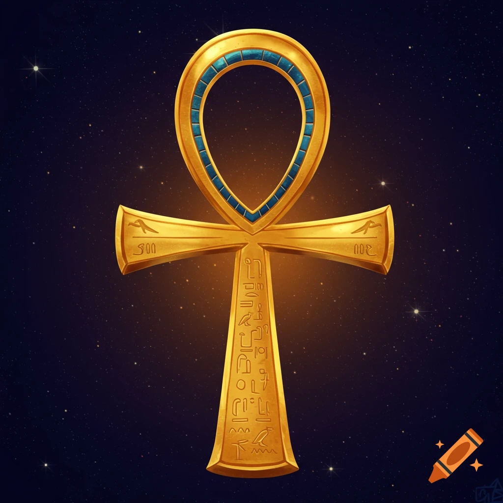 A detailed golden Ankh symbol with blue accents against a starry dark ...
