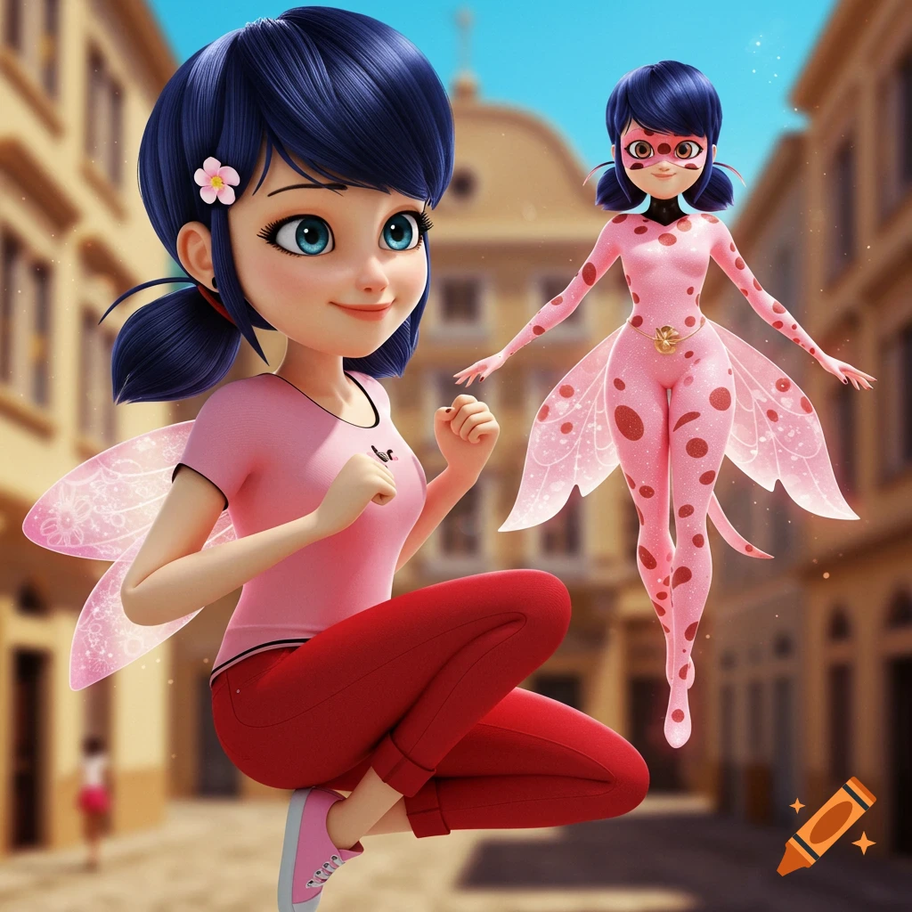 3D rendering of Marinette from Miraculous Ladybug with pink wings on ...
