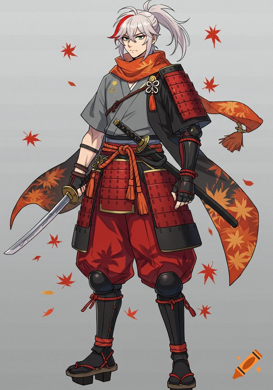 Anime style illustration of a character in red samurai armor with a ...