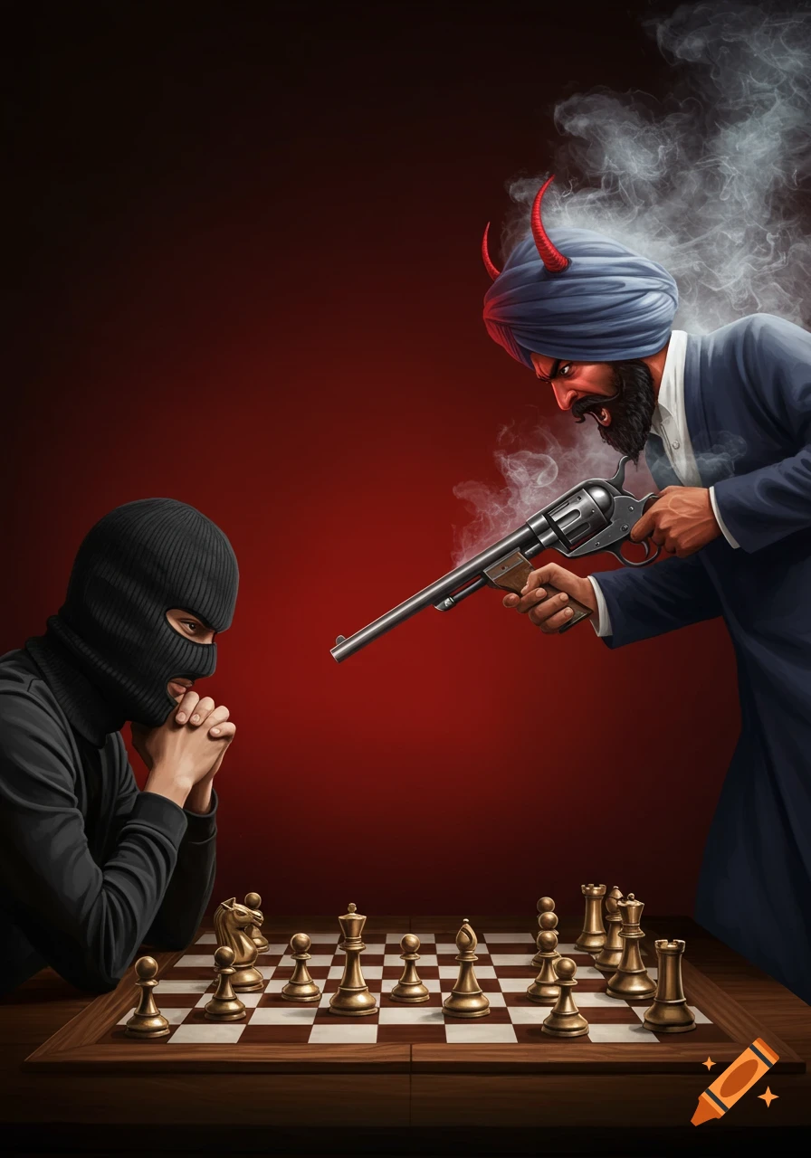 Illustration of a man in a ski mask playing chess against a figure with ...