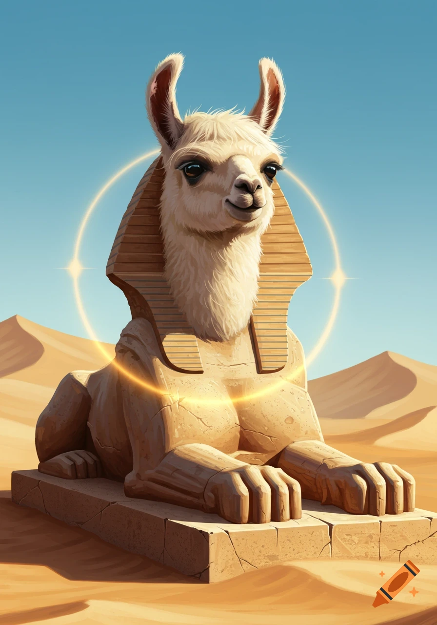 A sphinx statue with the head of a llama sits in the desert with ...