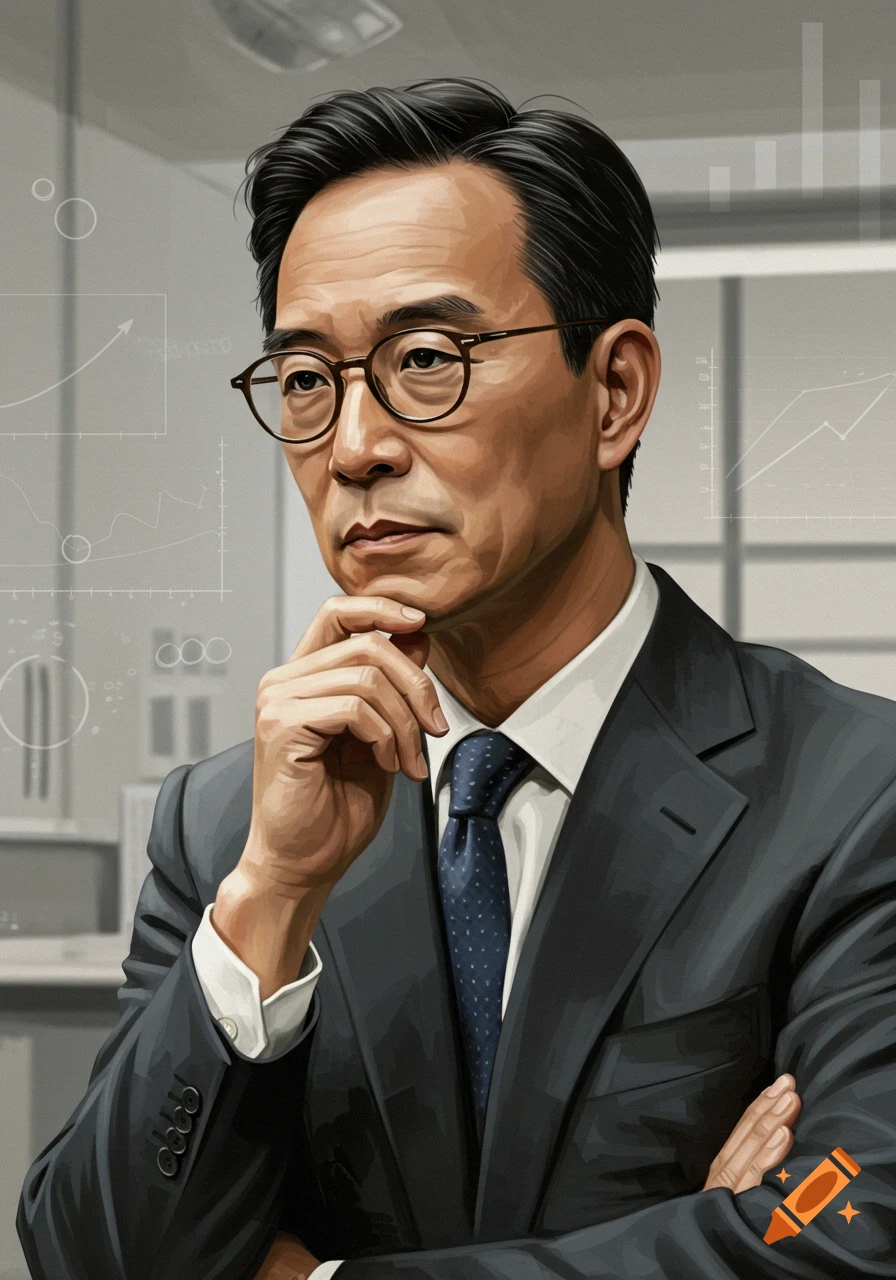 Stylized portrait of an Asian man in a suit and glasses, contemplating ...
