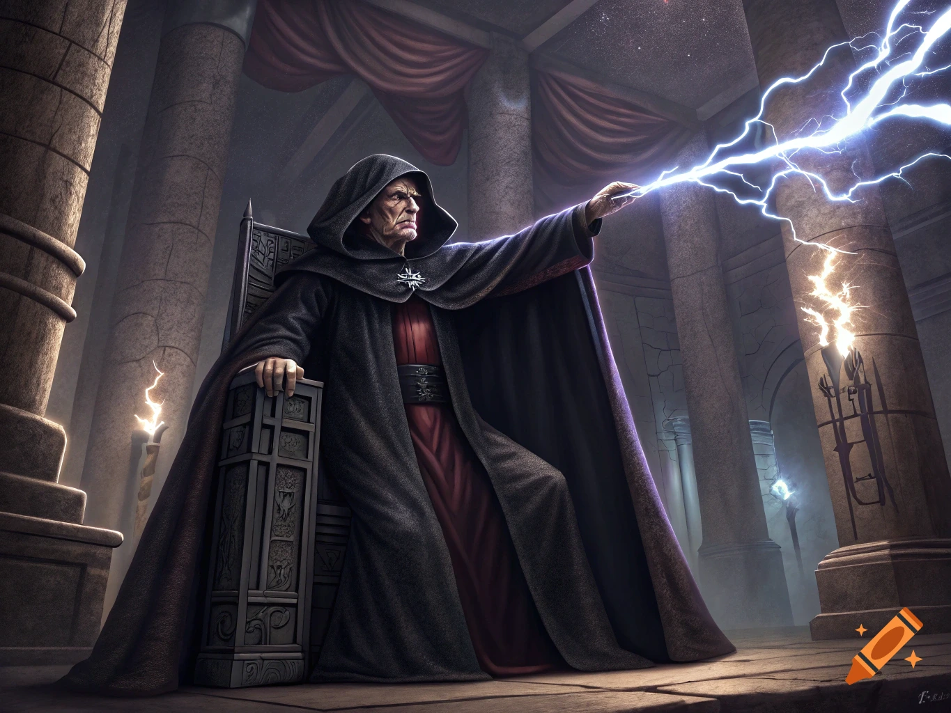 Robed figure on throne shoots lightning in stone hall on Craiyon