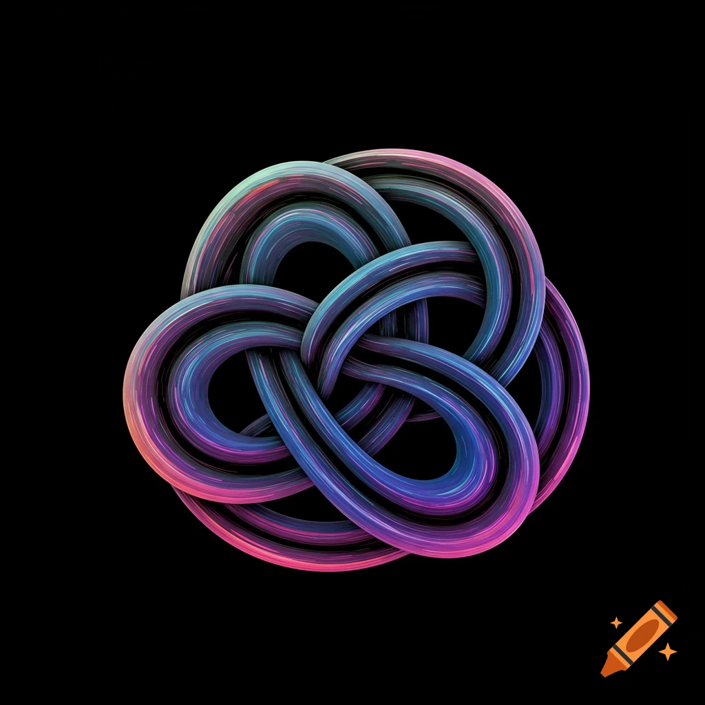 A stylized iridescent trefoil knot on a black background. on Craiyon