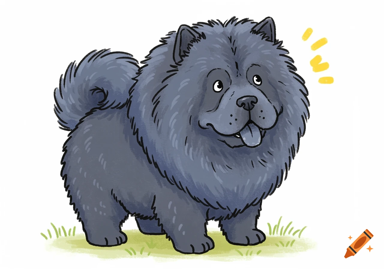 A dark grey chow chow dog stands on grass in a children's book ...