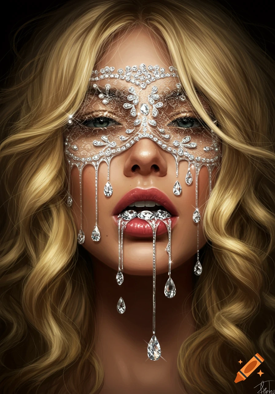 Close-up digital painting of a woman with a jeweled lace mask and diamonds dripping from her ...