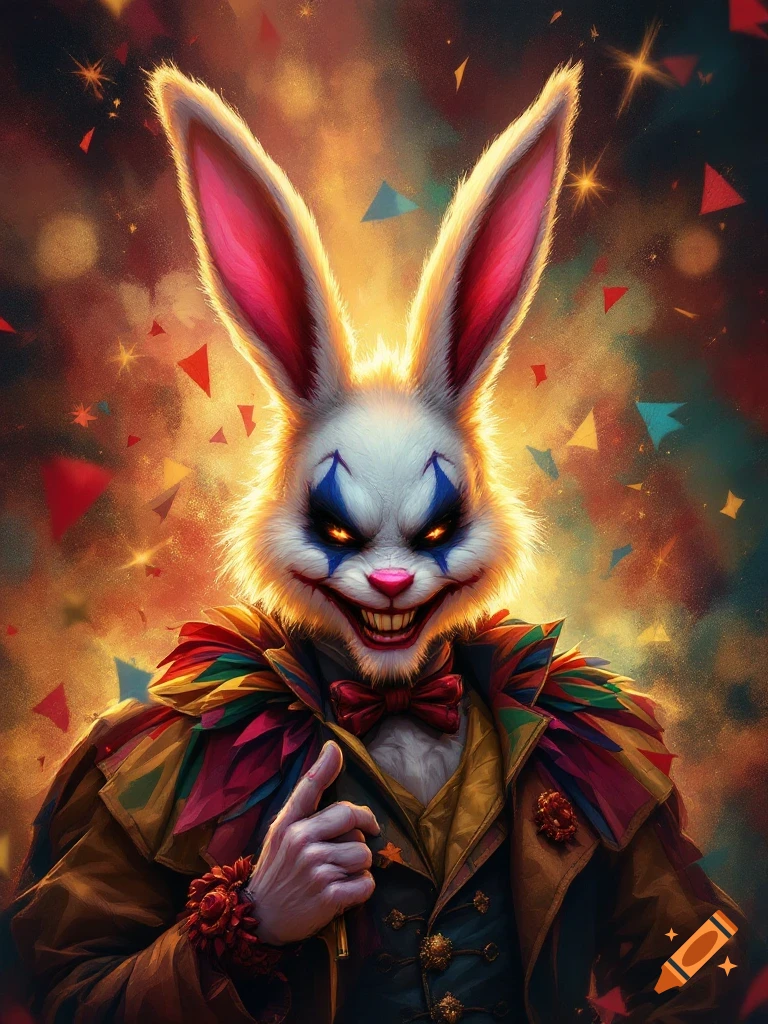 A scary rabbit clown in a carnival costume gives a thumbs-up. on Craiyon