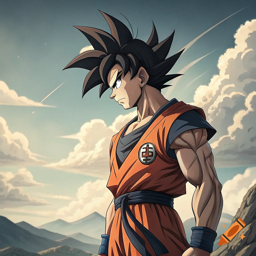 Goku in his gi stands before mountains and clouds in anime style. on ...