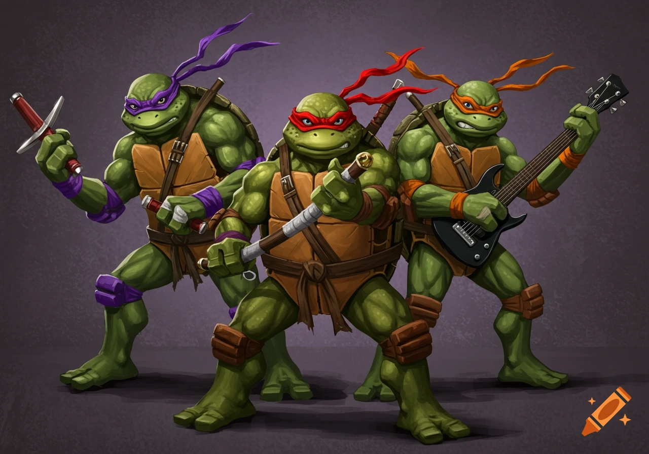 Three Teenage Mutant Ninja Turtles in rock band poses. One holds a ...