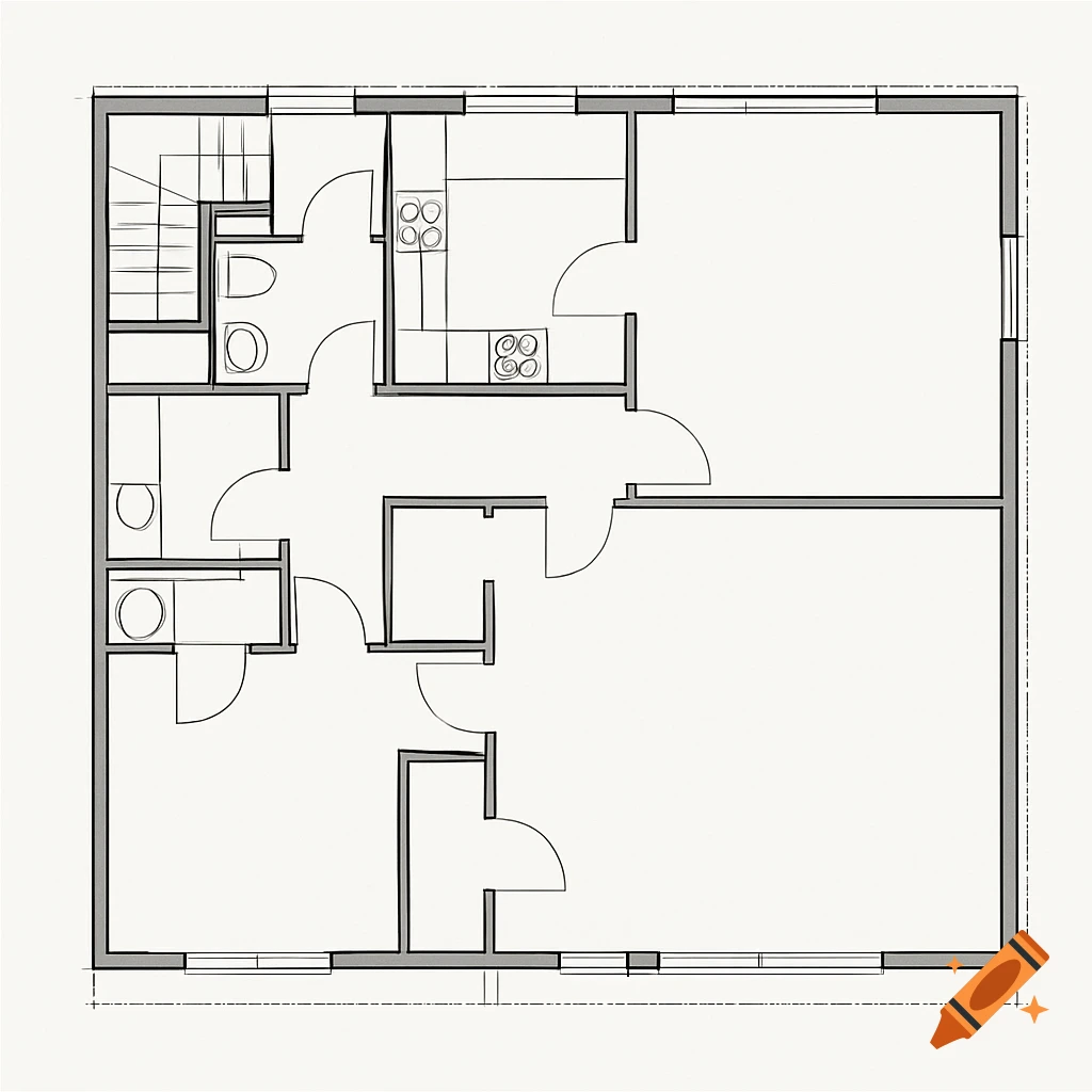 Black and white technical drawing of a building floor plan. on Craiyon