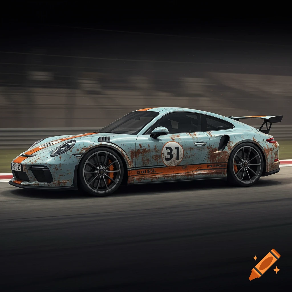 Rusty Porsche 911 GT3 race car with Gulf livery (#31) on a track ...