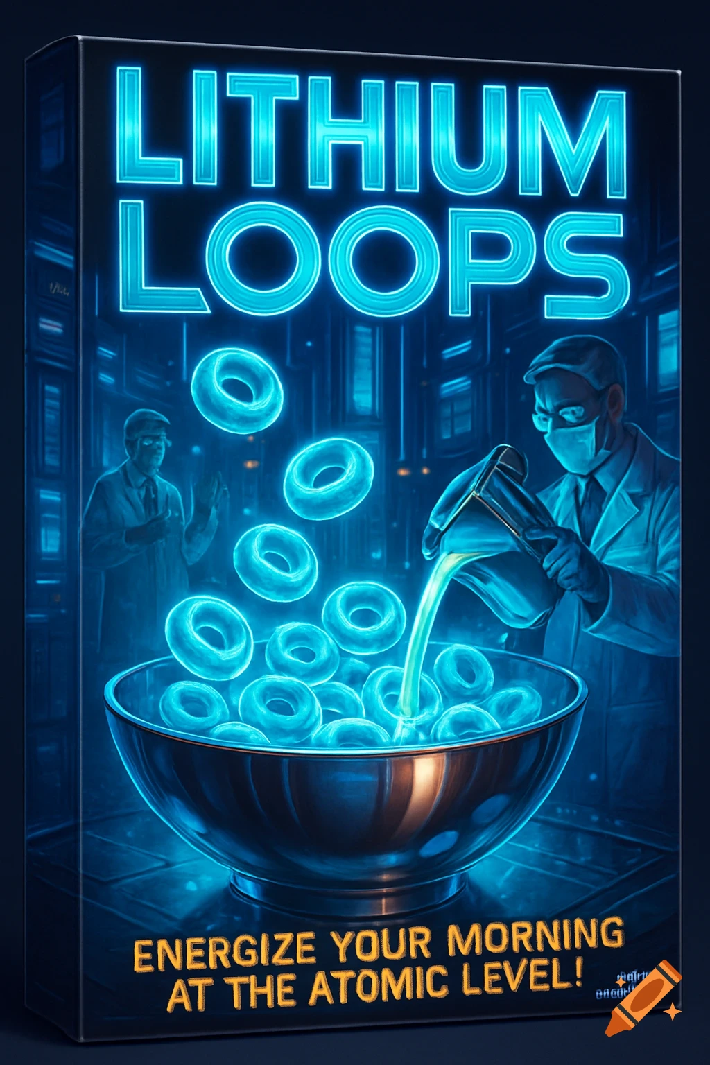 Surreal cereal box design for Lithium Loops, showing glowing blue ...