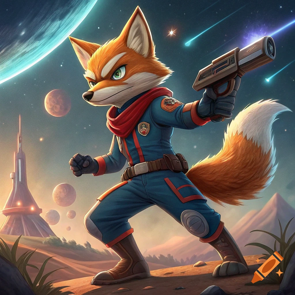 Anthropomorphic fox in sci-fi uniform with gun on alien planet. on Craiyon