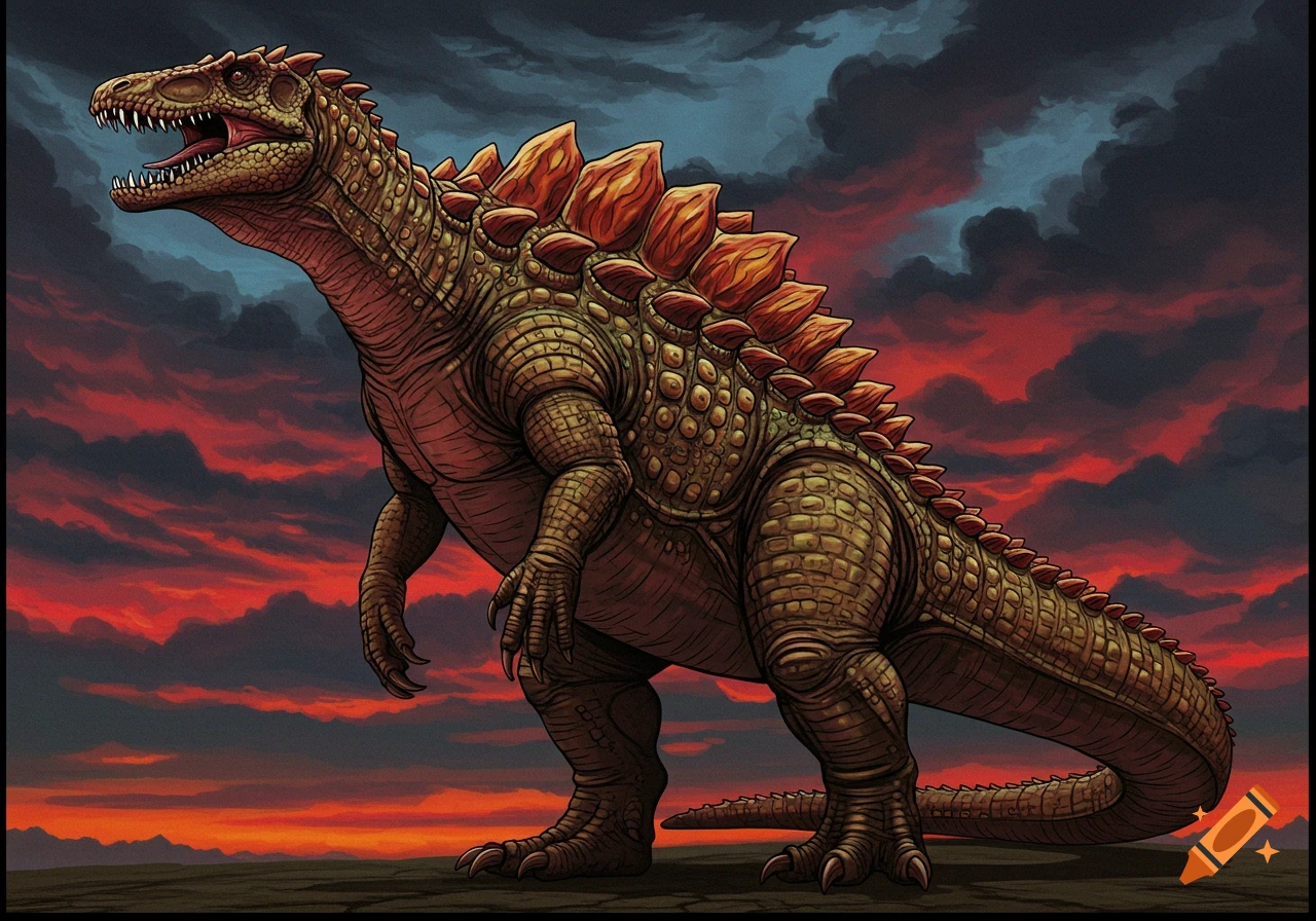 Large, scaled dinosaur-like creature with bony back plates stands under ...