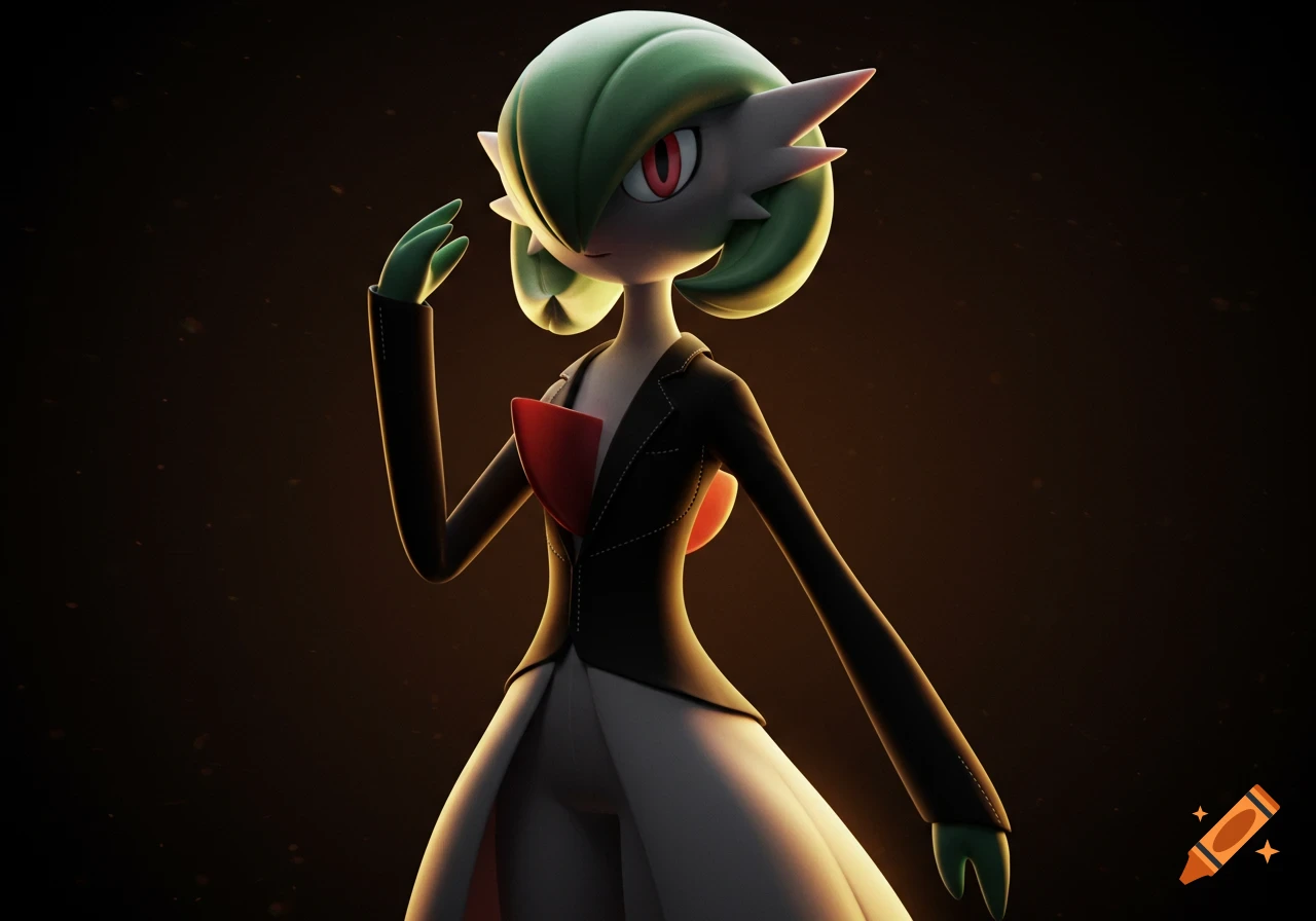 A stylized render of Gardevoir from Pokémon wearing a black suit, with ...