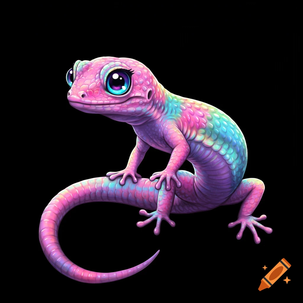 A vibrantly colored lizard with large anime eyes sits on a black ...