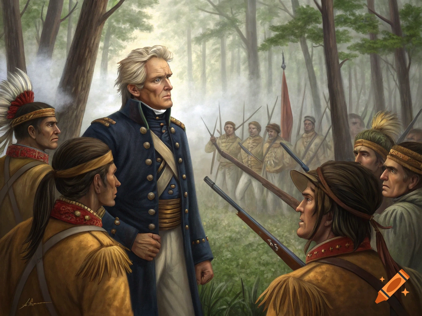 Andrew Jackson in military uniform stands among Native American and ...