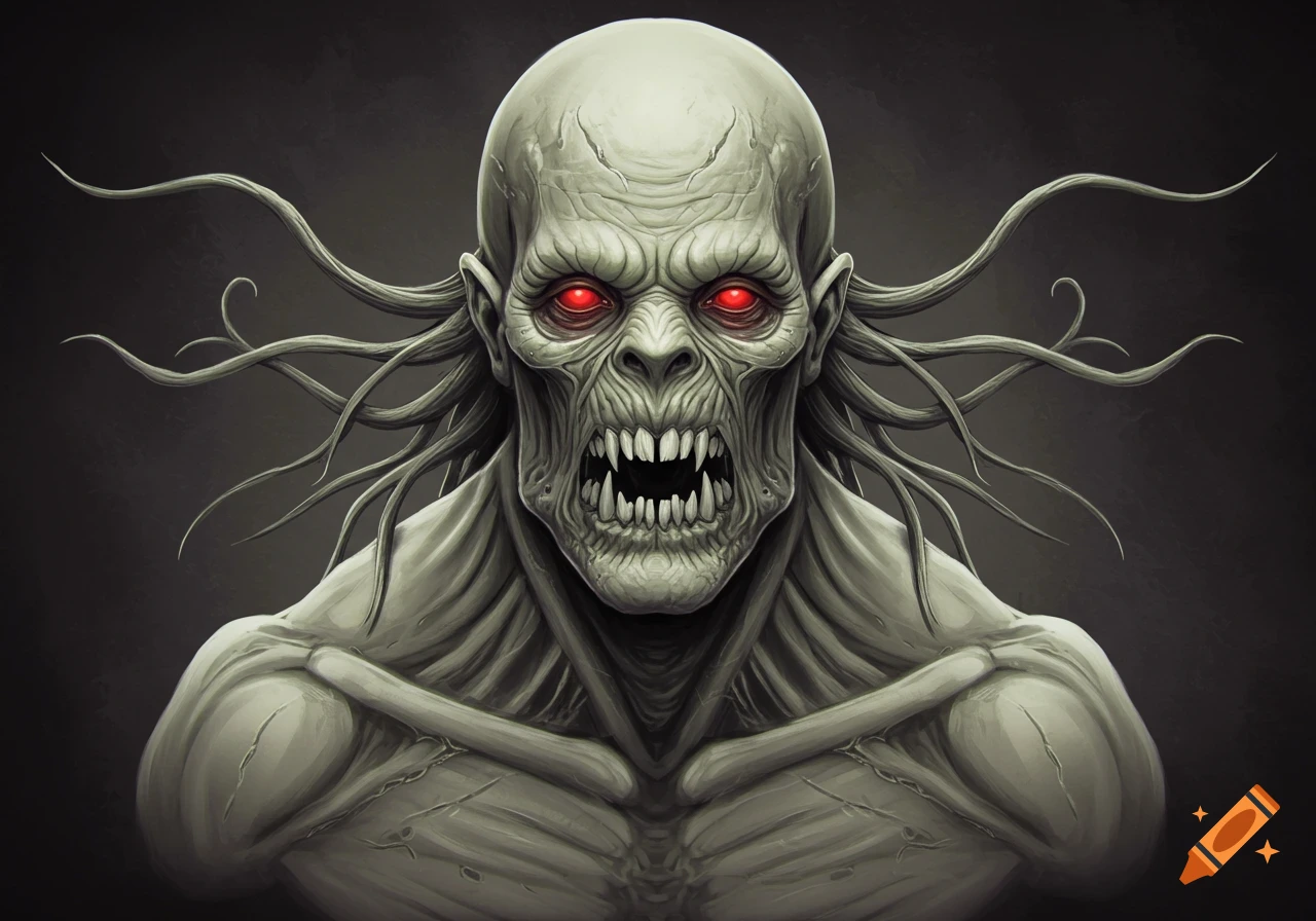 Close-up illustration of a pale, bald monster with red eyes, sharp ...