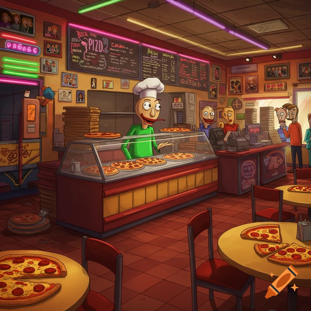 Cartoon scene of Baldi in a pizza shop with customers and pizzas. on ...
