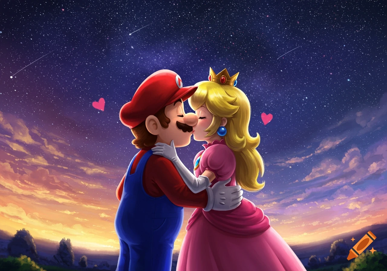 Mario and Princess Peach kiss under a starry night sky on Craiyon