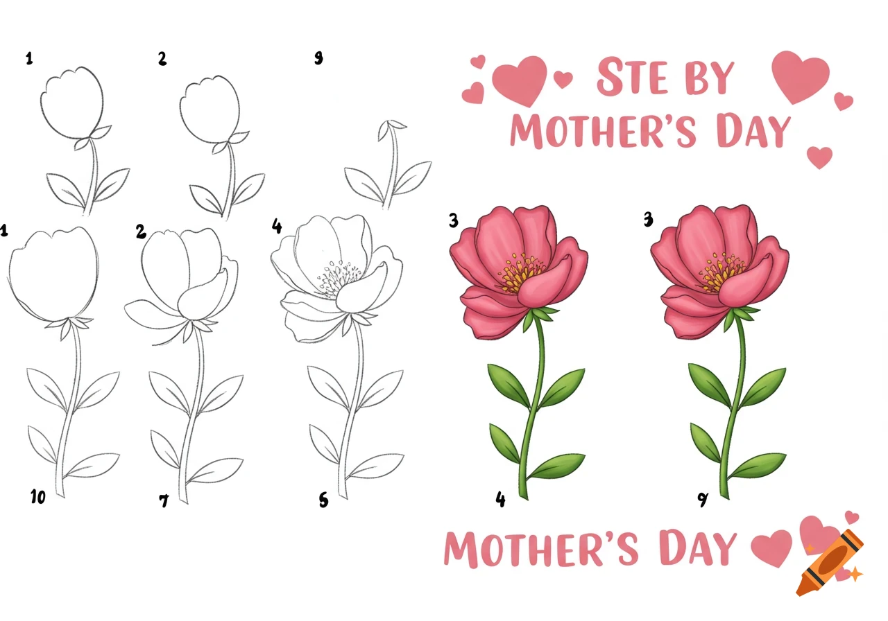 Step-by-step drawing tutorial of a flower with Mother's Day text. on ...