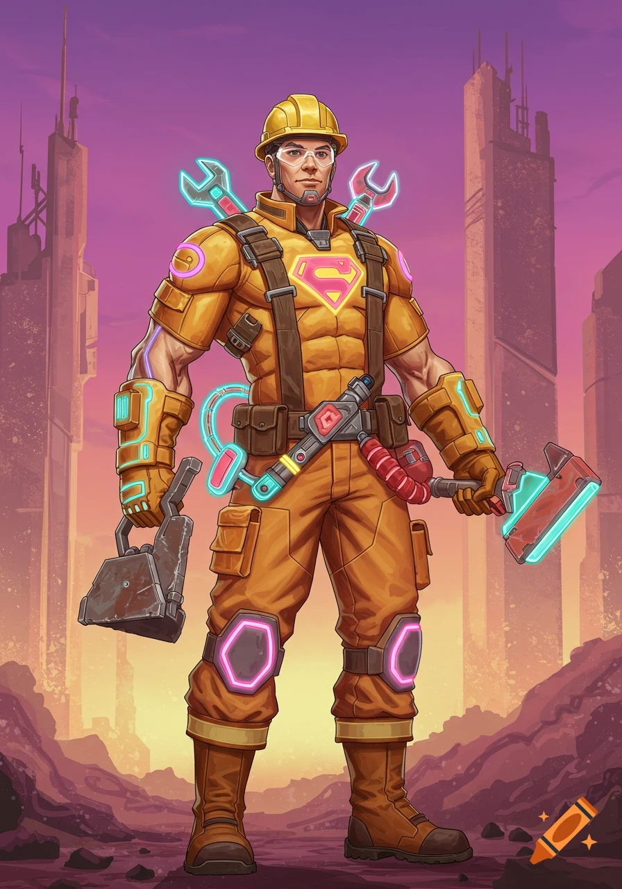 Man in yellow construction gear with Superman symbol and tools stands ...