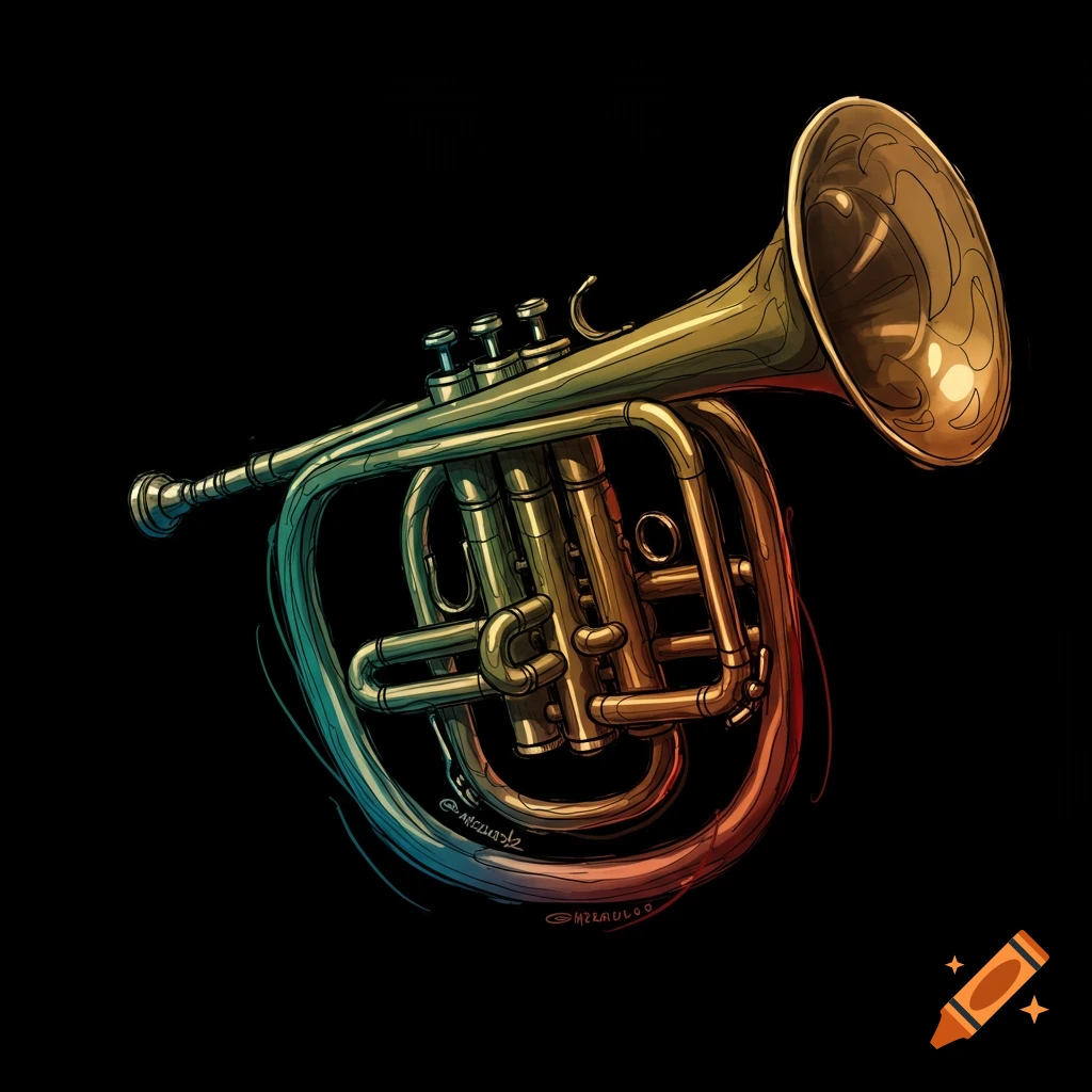 Stylized fine line drawing of a brass instrument with colorful ...