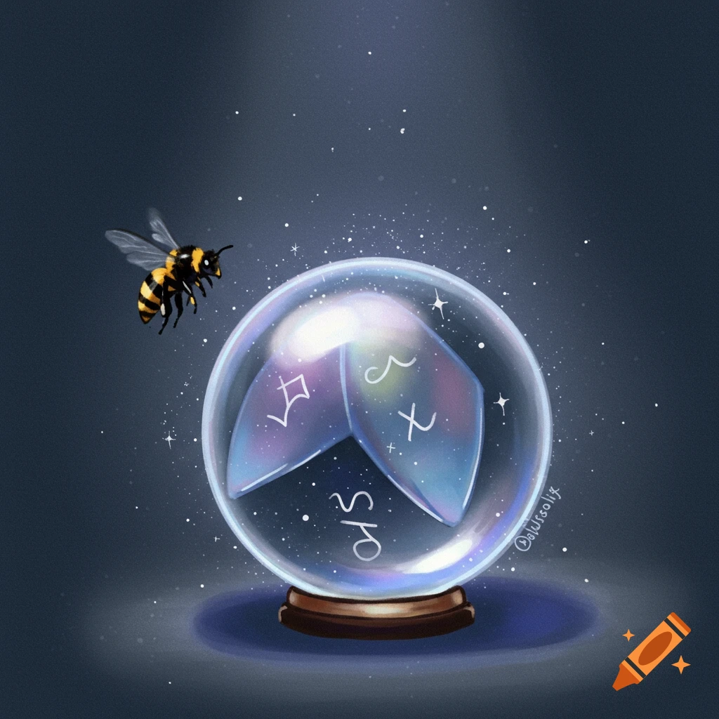 A bee flies towards a glowing fortune teller ball with mystical symbols ...