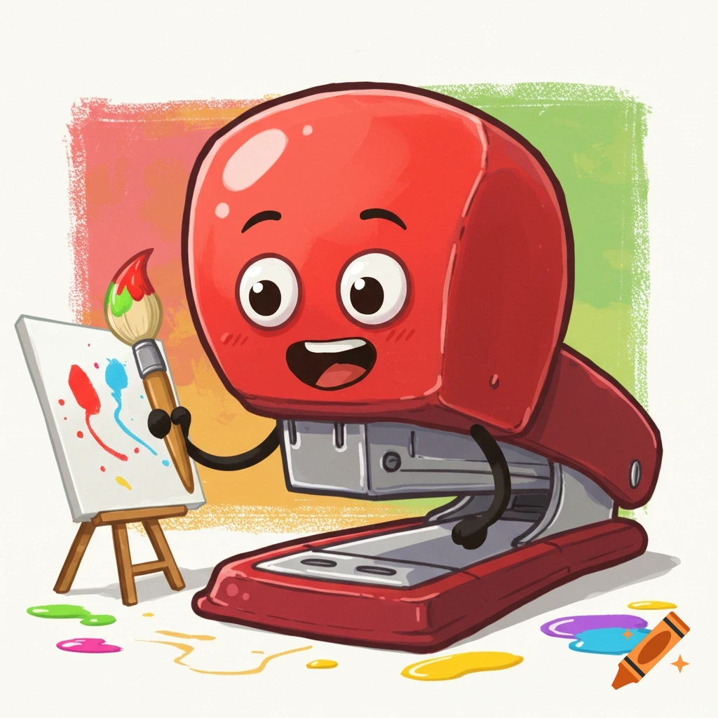 Cartoon red stapler character painting on a canvas with colorful paint ...