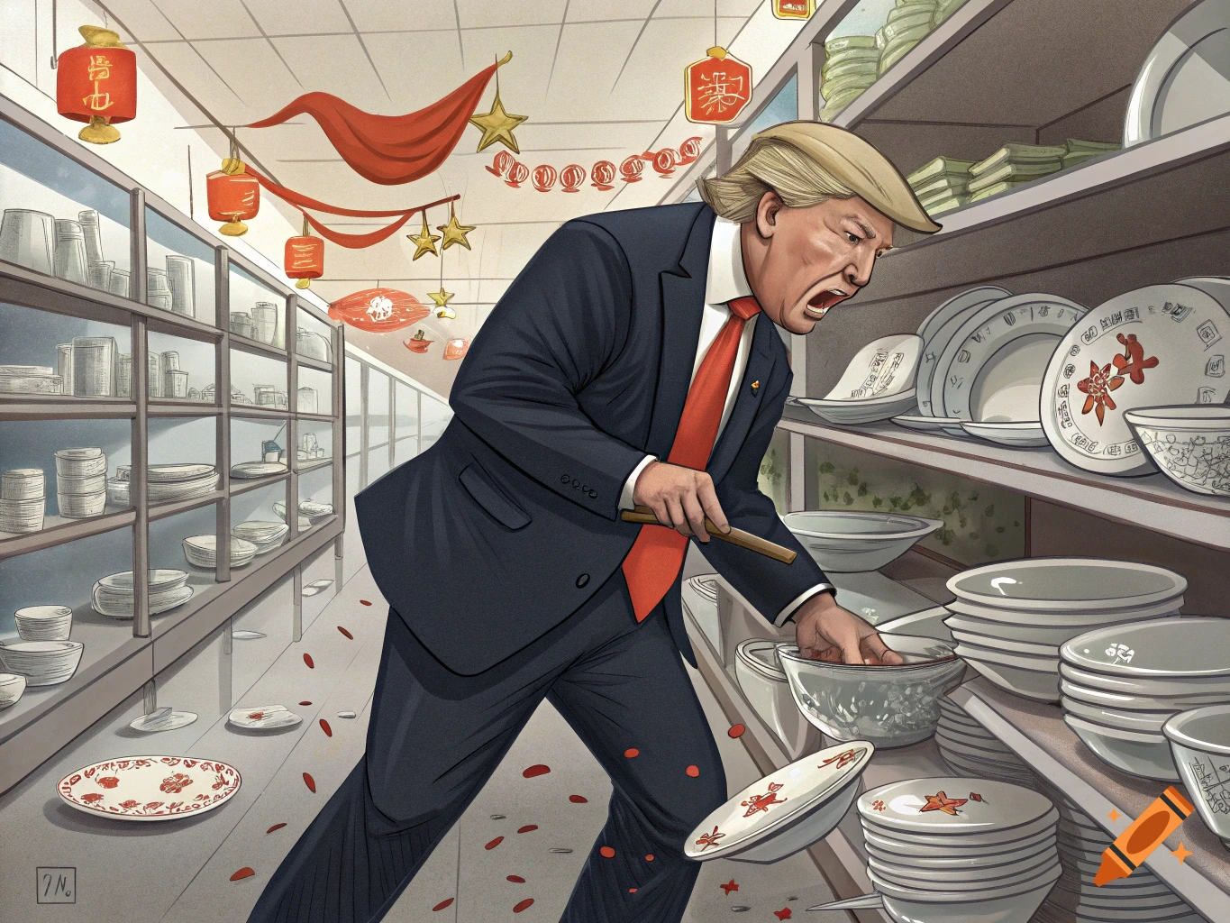 Illustration of Donald Trump breaking dishes in a china shop. on Craiyon