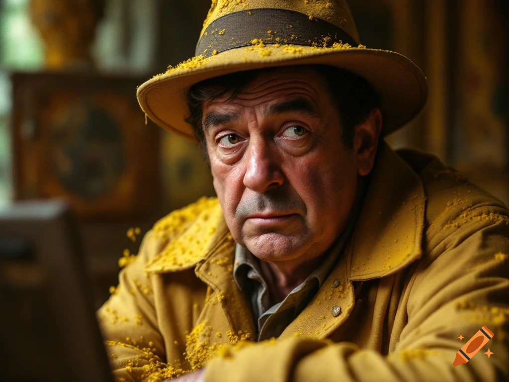 Close-up photorealistic portrait of a man resembling Columbo covered in ...