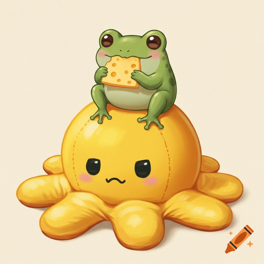 A cute cartoon frog eating cheese sits on a yellow plush octopus. on ...