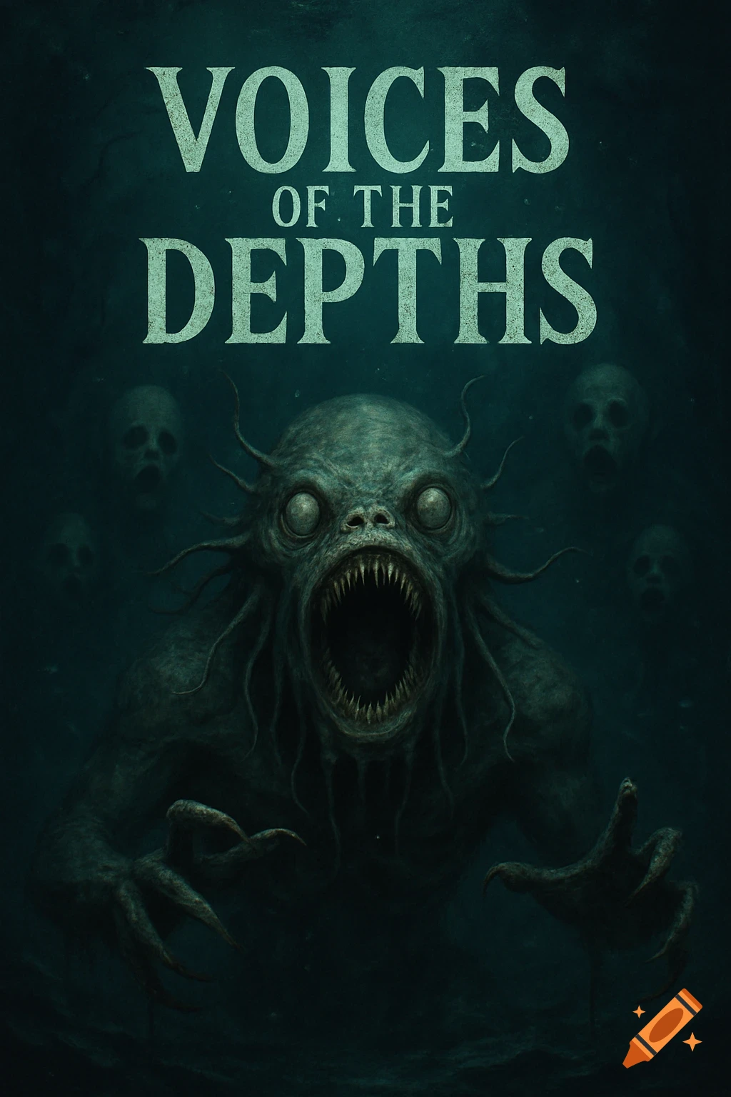 Dark horror image of a sea monster underwater with the title Voices of ...