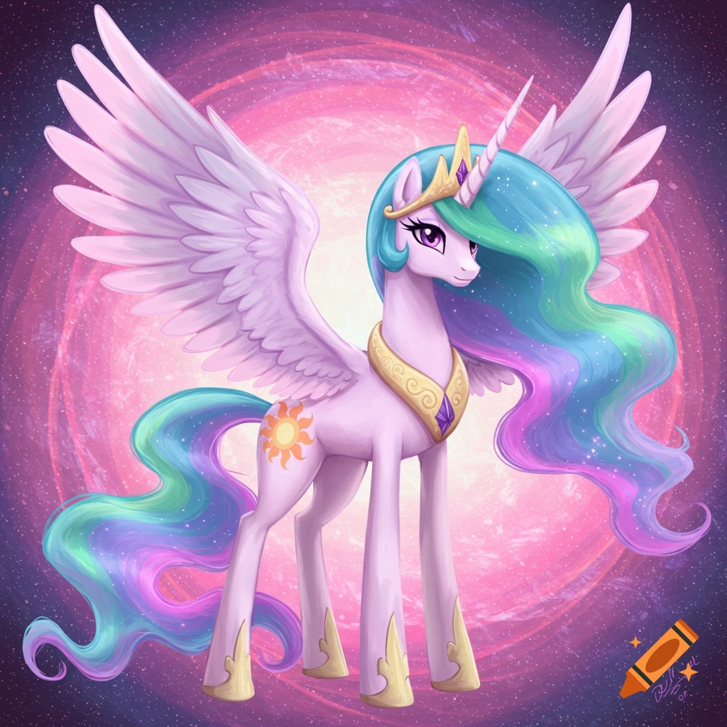 Princess Celestia, a cartoon winged unicorn, stands in space before a ...