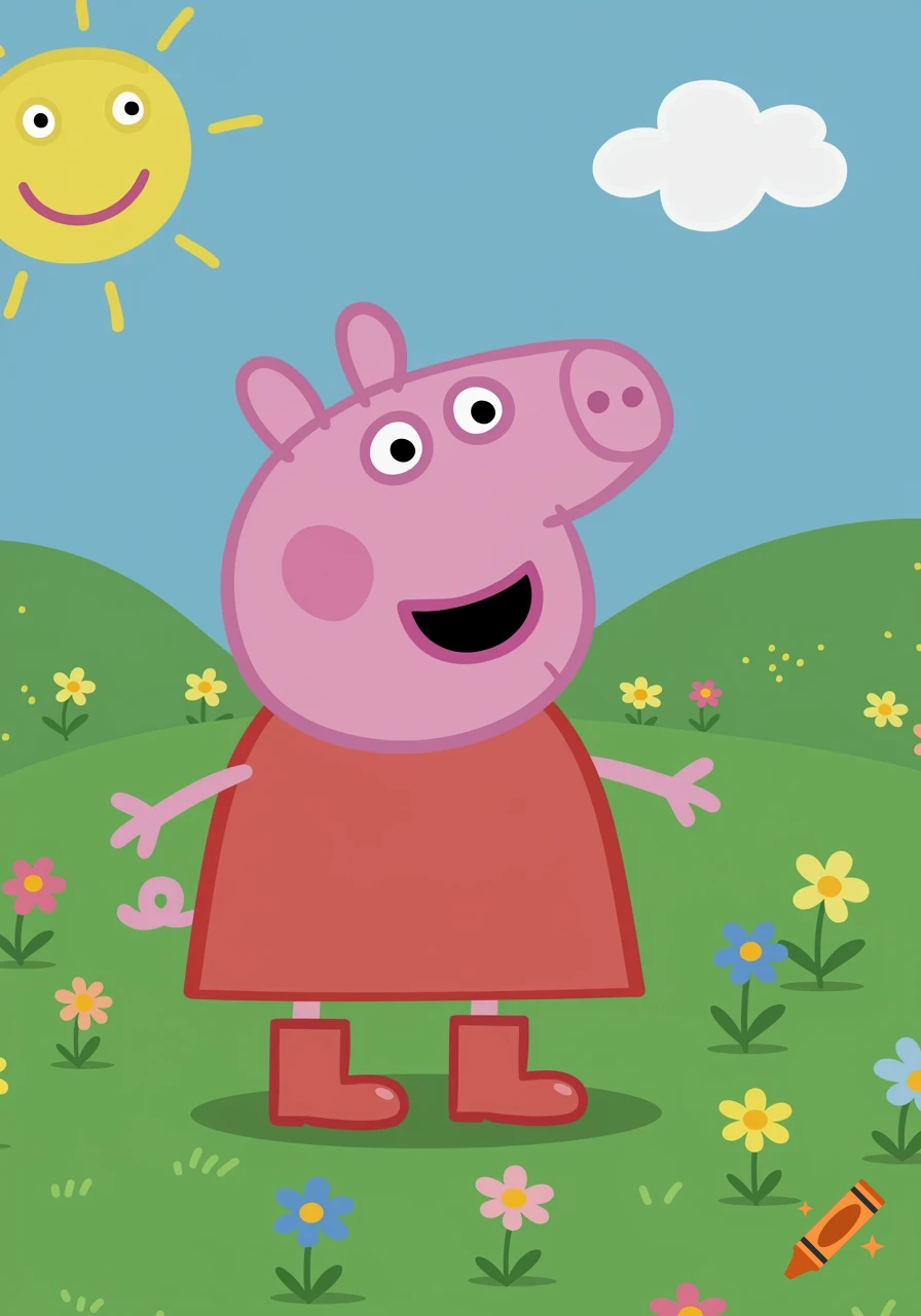 Peppa Pig in a field of flowers under a smiling sun. on Craiyon