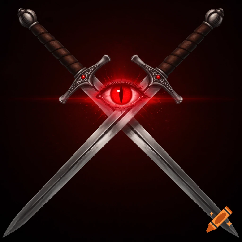 Crossed swords with a glowing red eye in the center. on Craiyon