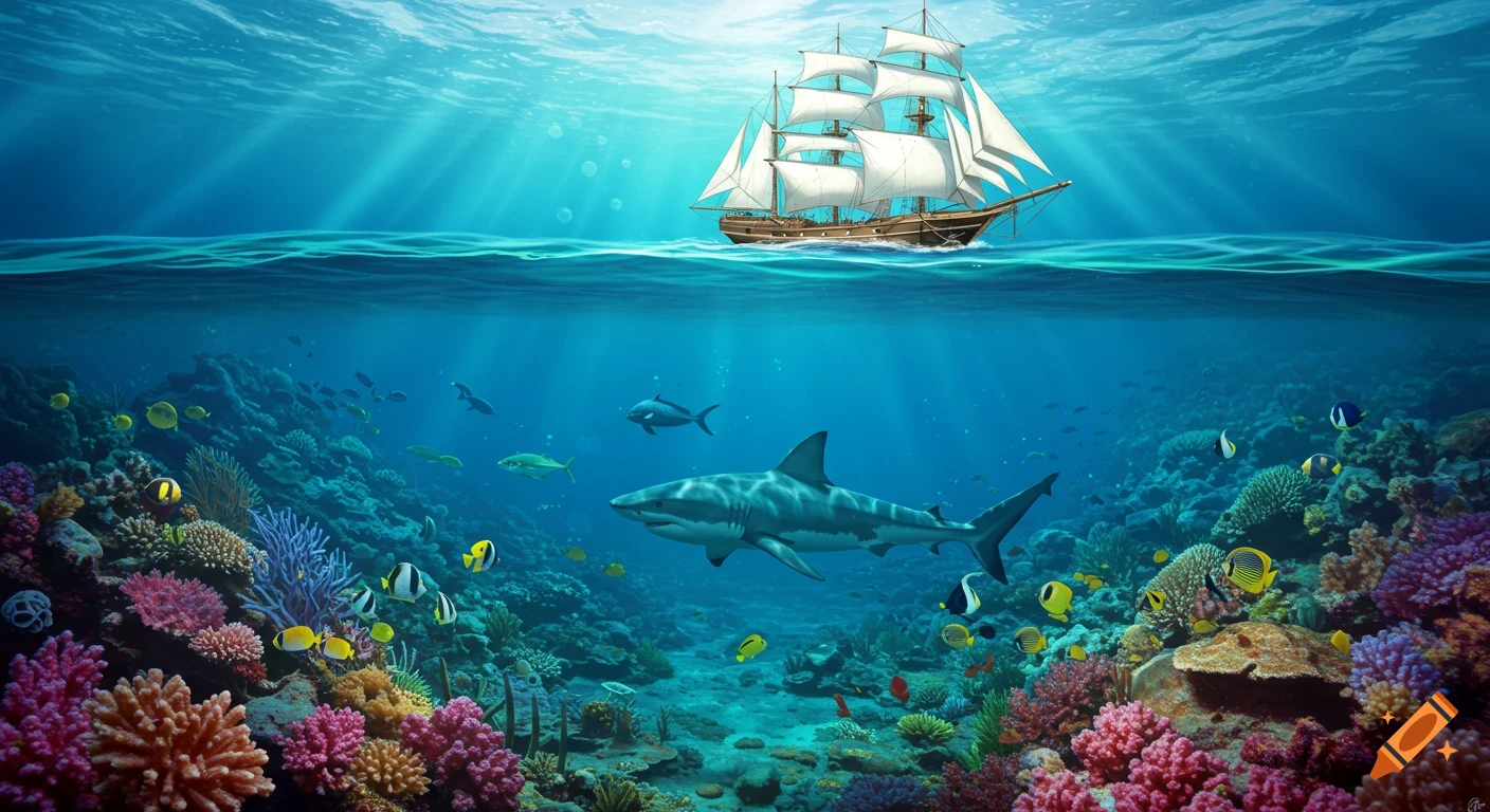 Split view of a sailboat on the ocean surface and a shark among coral ...