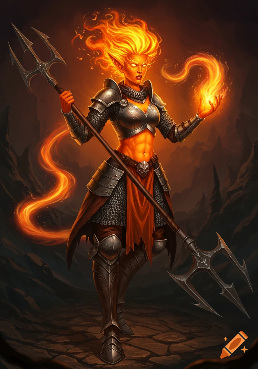 A female fire elemental in armor holding a trident in a dark landscape ...