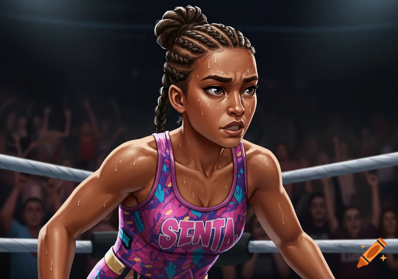 Illustrative portrait of a sweating female wrestler in a ring on Craiyon