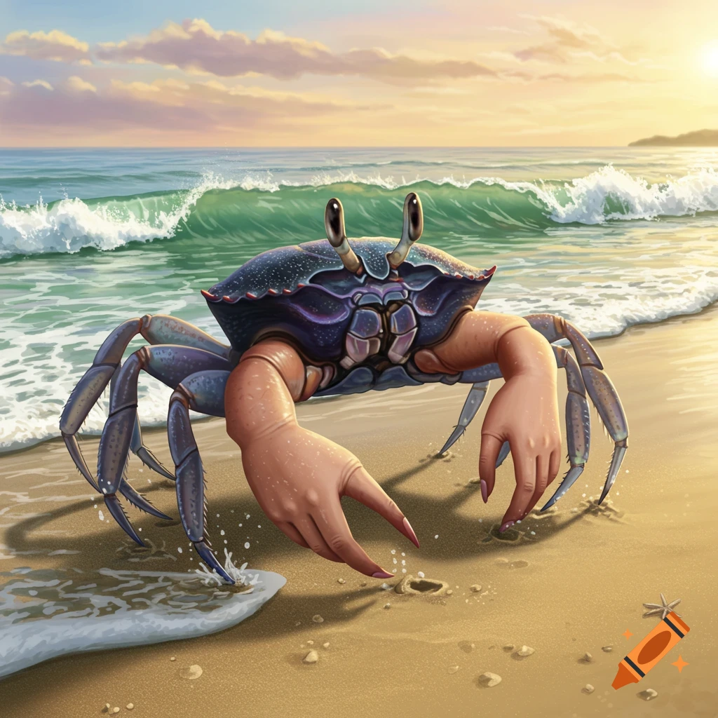 A crab with human hands stands on a beach at sunset. on Craiyon