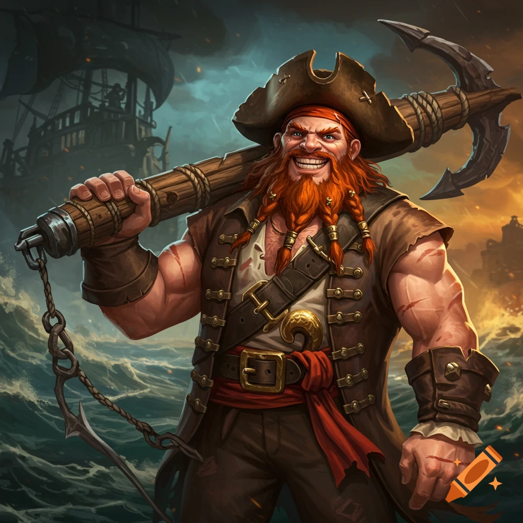 Illustration of a muscular pirate holding a harpoon weapon on a ship ...