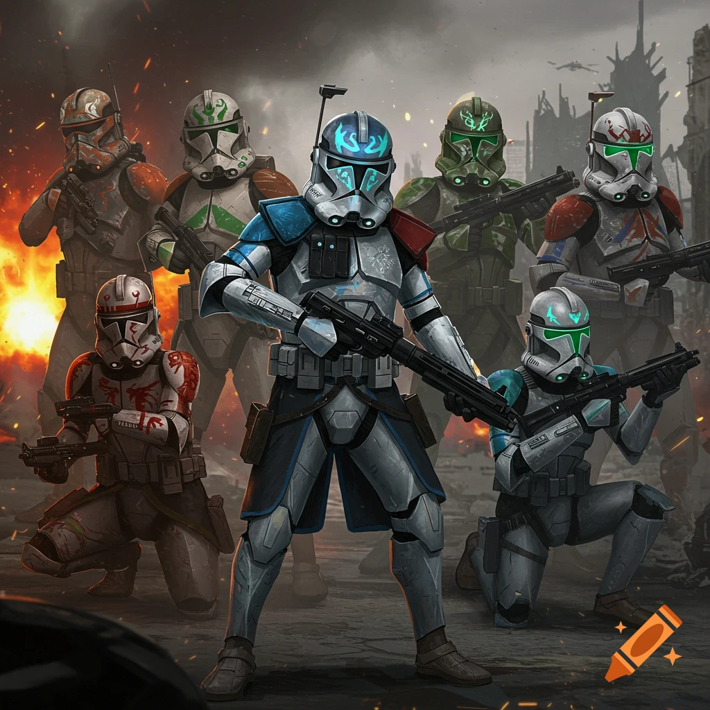 Clone troopers in various colored customized armor stand and kneel in a ...