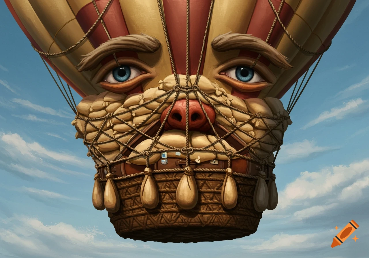 A hot air balloon styled as a face using ropes, sandbags, and suitcases ...